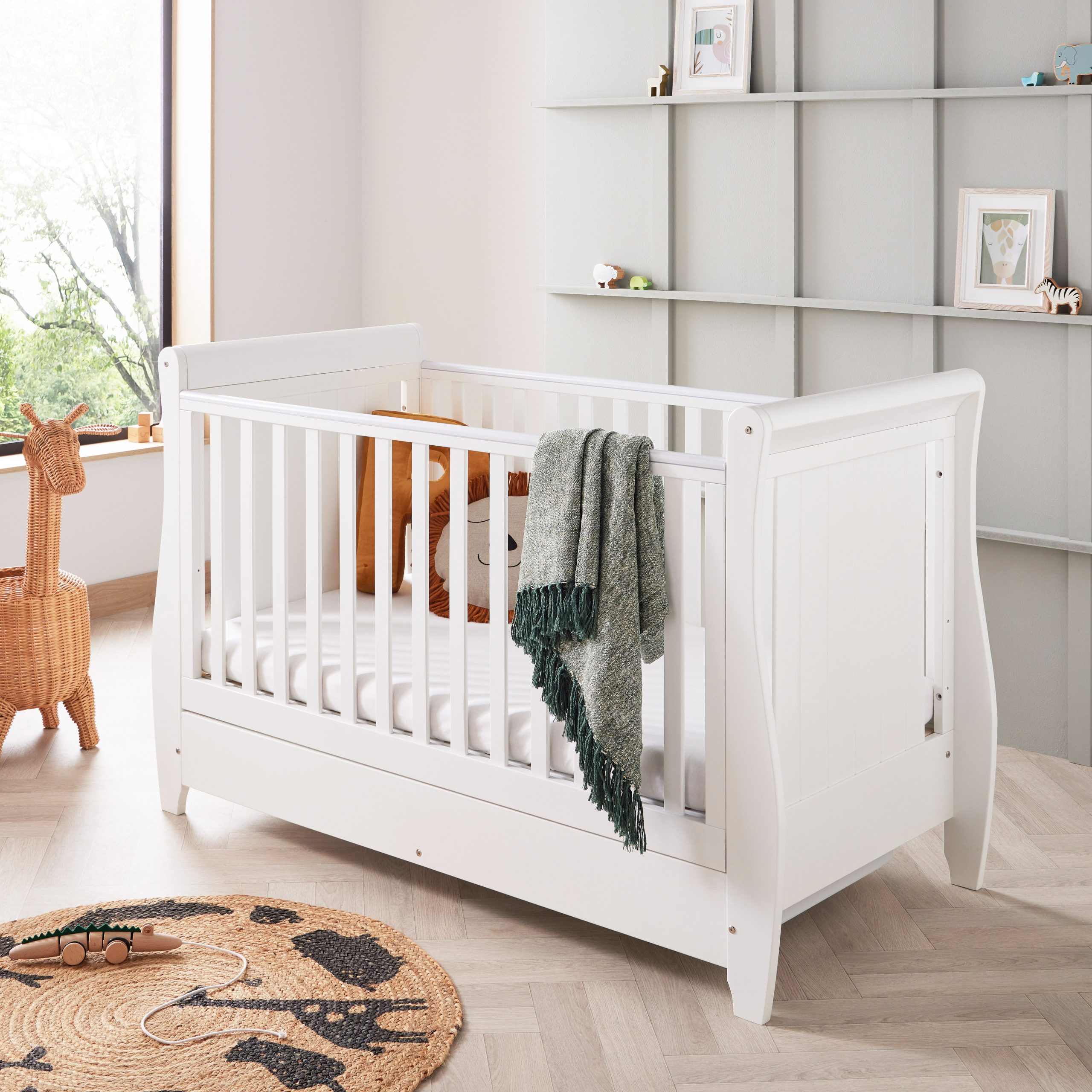 Babymore STELLA Cot Bed - White - Sleigh Style - Baby Caboodle